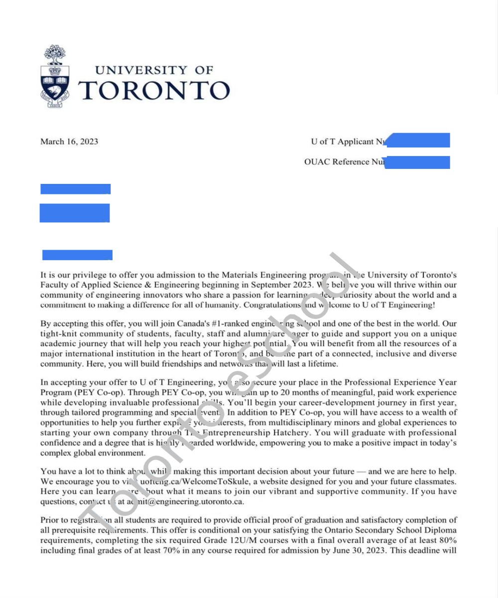 Congratulations on your offer of admission to the top universities